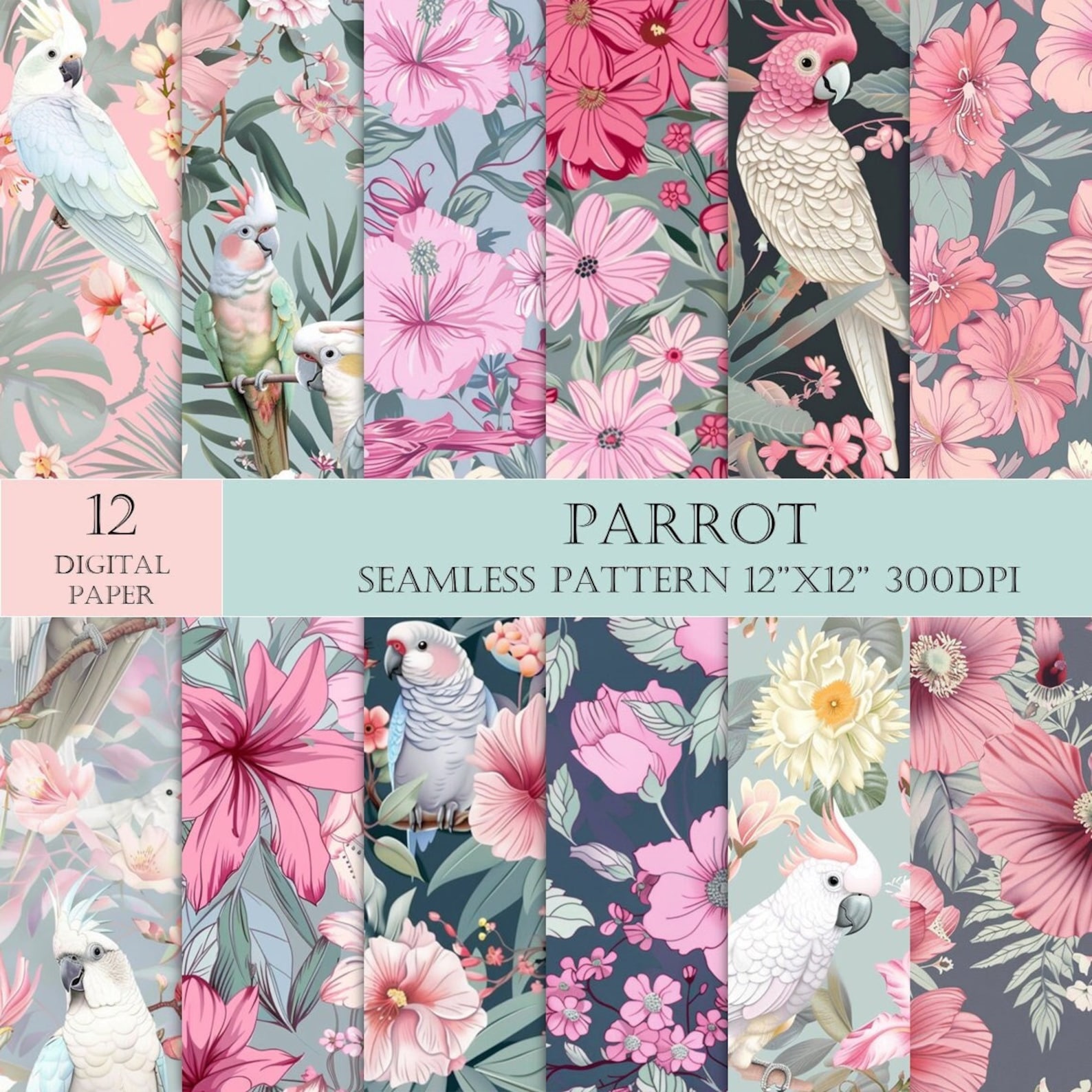 Tropical Parrot Seamless Digital Paper 12x12 300DPI Watercolor Patterns ...
