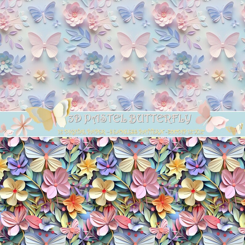 Digital Paper Pack: 3D Pastel Butterfly Seamless Patterns Instant ...