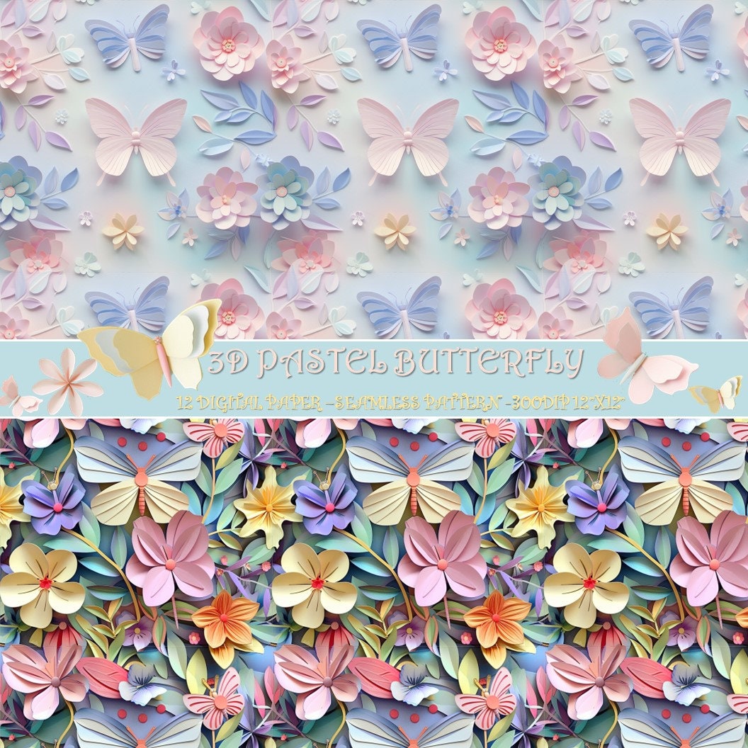 Digital Paper Pack: 3D Pastel Butterfly Seamless Patterns Instant ...