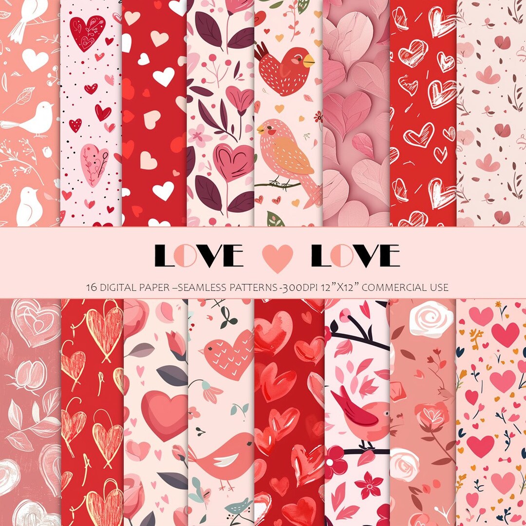 LOVE LOVE Digital Paper Pack - 16jpegs - Instant Download -seamless ...