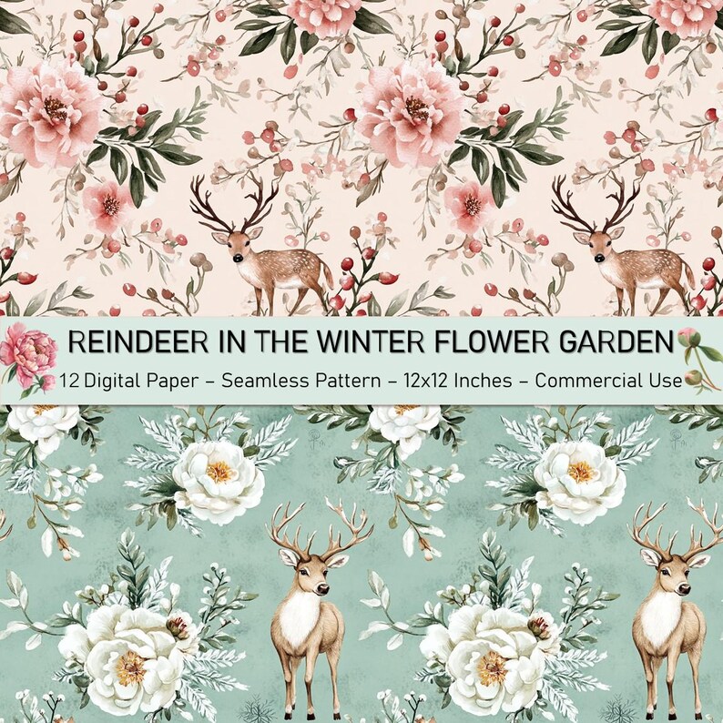 Reindeer in Winter Flower Garden Digital Paper | Seamless Floral, Deer ...