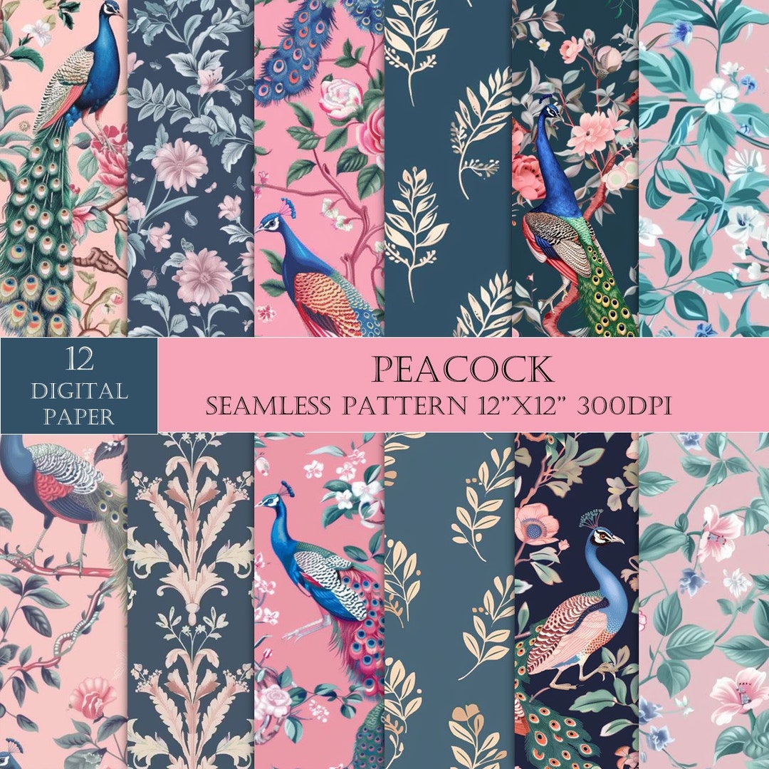 Elegant Peacock Seamless Digital Paper | 12x12" 300DPI Watercolor ...