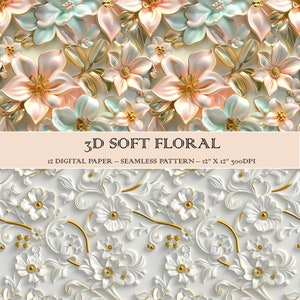 3D Floral Digital Paper Pack: Soft Tone Seamless Patterns (12x12 Inch ...