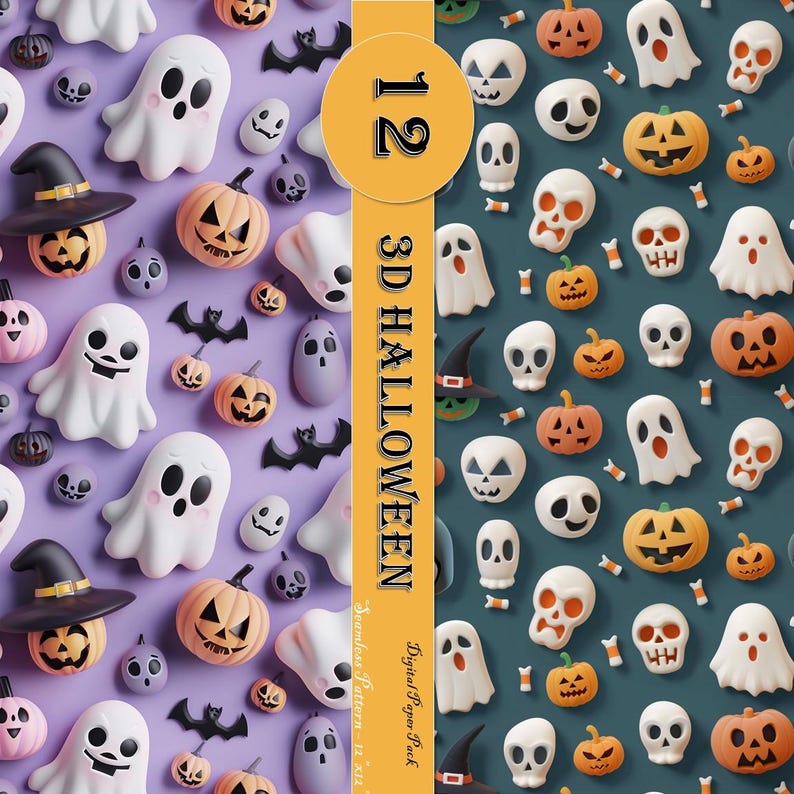 3D Halloween Digital Paper Pack: Spooky Seamless Patterns (12x12 Inch ...
