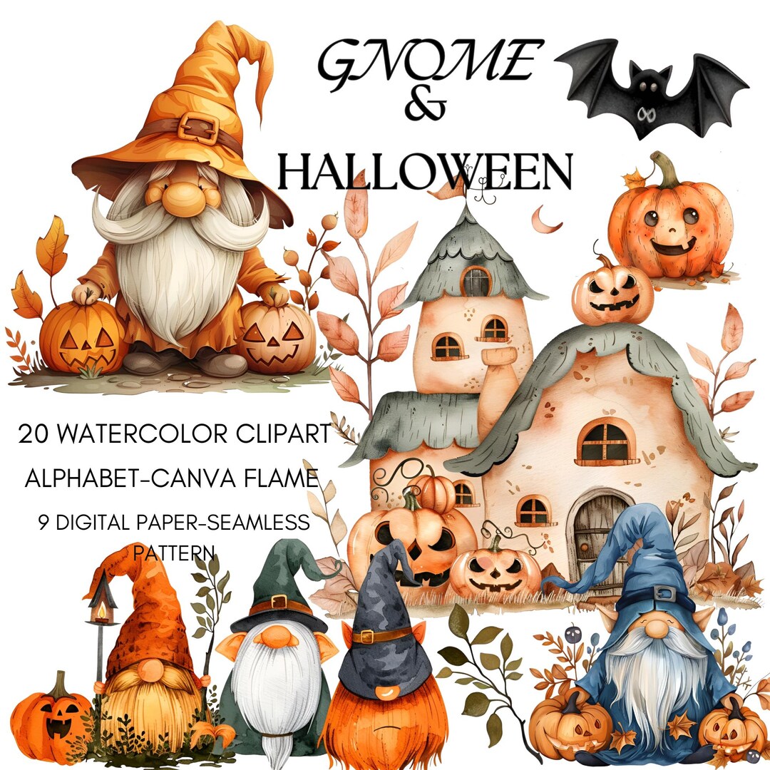 GNOME HALLOWEEN watercolor Clipart ,alphabet Canva Frame ,digital Paper ...