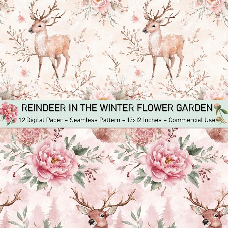 Reindeer in Winter Flower Garden Digital Paper | Seamless Floral, Deer ...