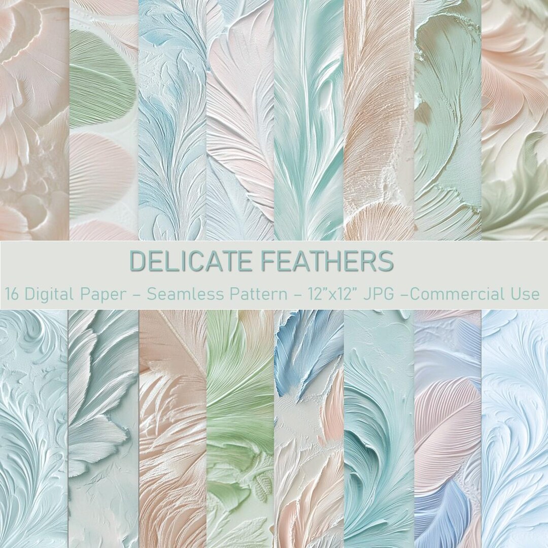 Delicate Feathers Digital Paper - Pastel Seamless Patterns for ...