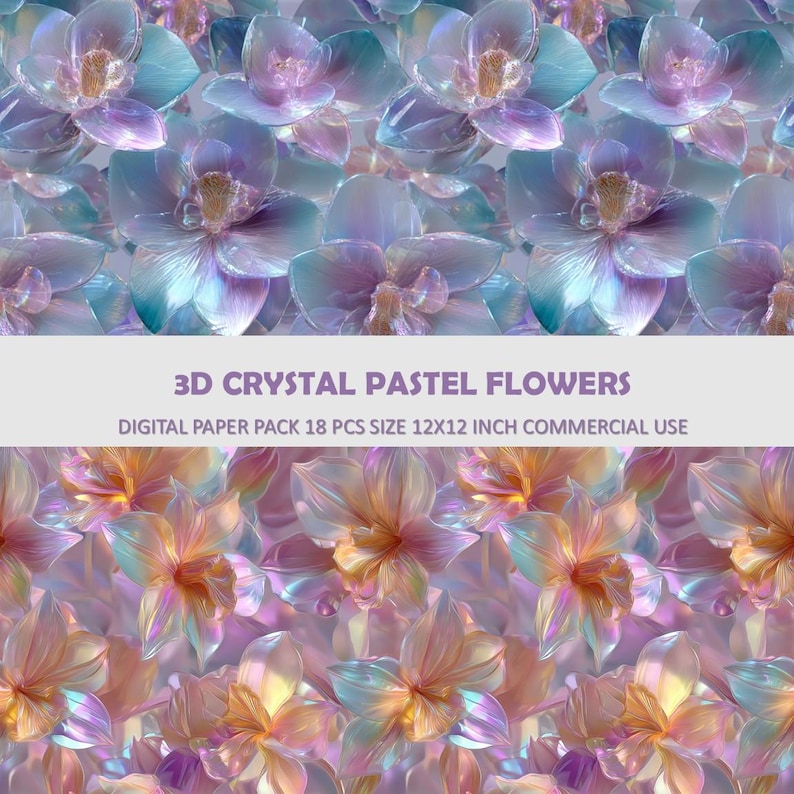 3D Crystal Pastel Flowers Digital Paper: Seamless Floral Pattern ...