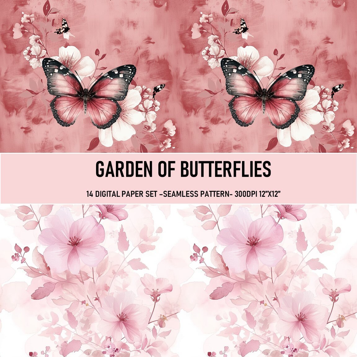 Butterfly Garden Digital Paper Pack: Seamless Watercolor Patterns ...