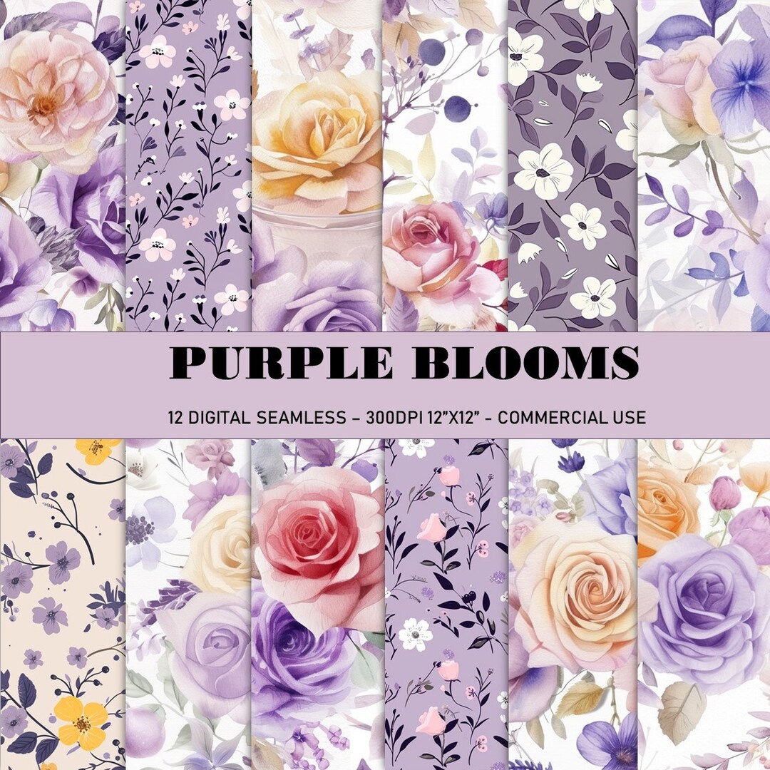 PURPLE BLOOMS Digital Paper - Digital Paper Pack - 12 Jpegs/12png ...
