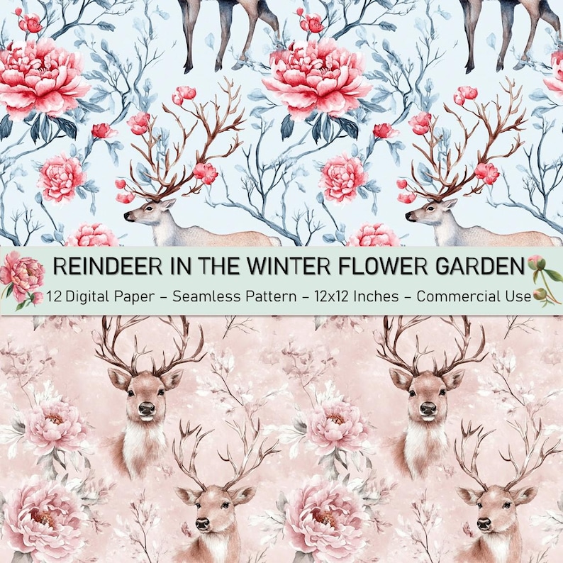 Reindeer in Winter Flower Garden Digital Paper | Seamless Floral, Deer ...