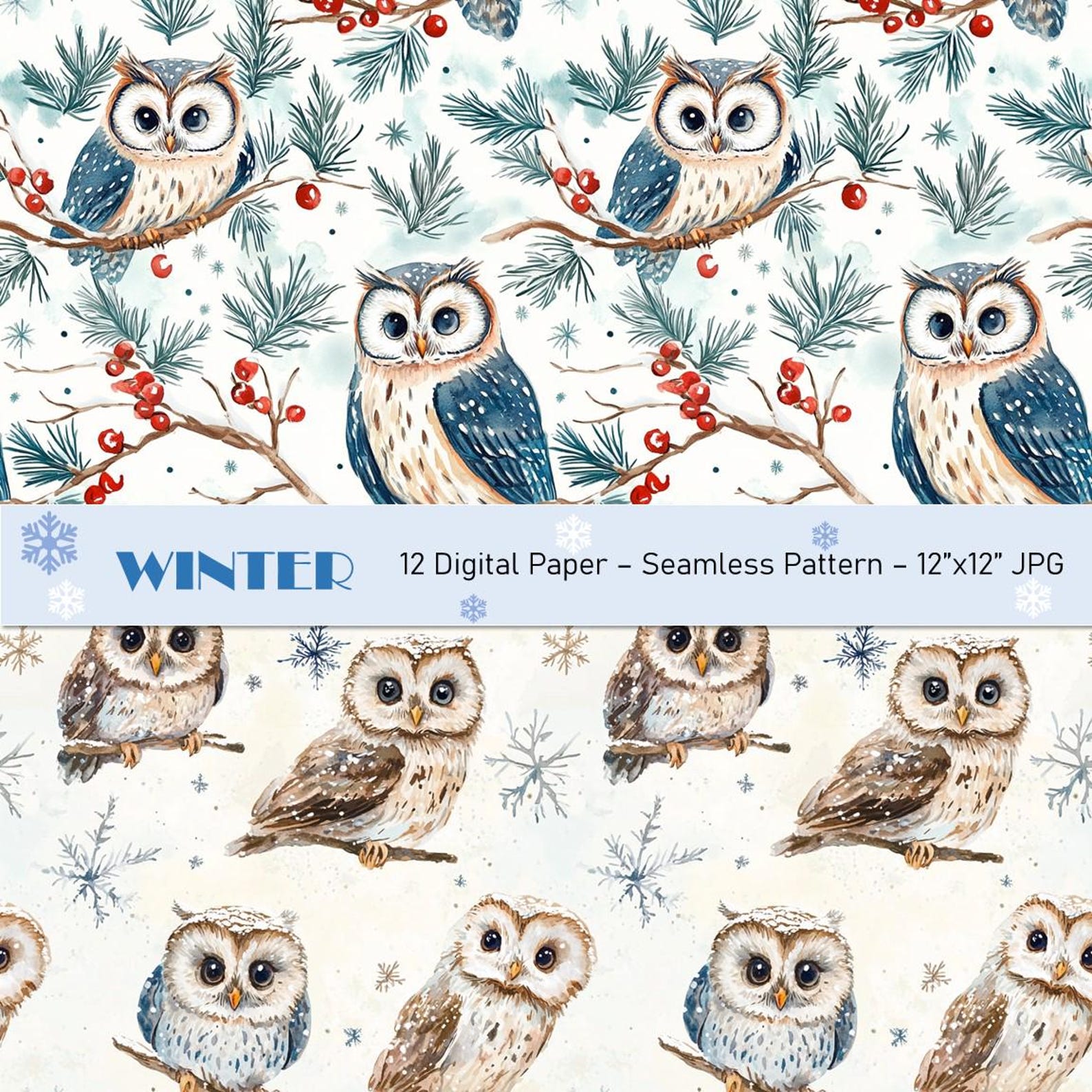 Watercolor Winter Digital Paper: Owl & Snowman Seamless Patterns ...
