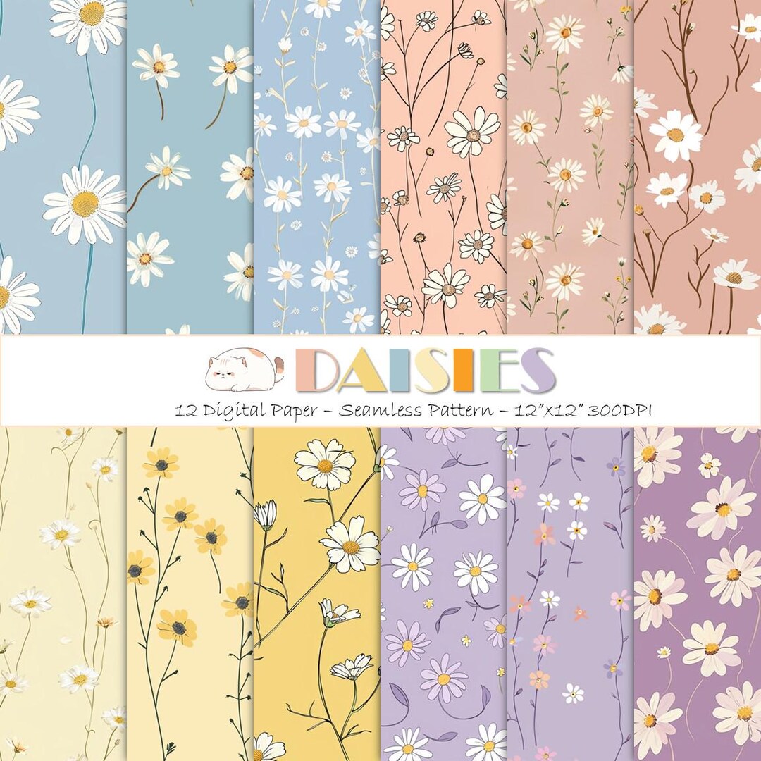 Daisies Digital Paper: Seamless Watercolor Floral Patterns (12x12, 300 ...