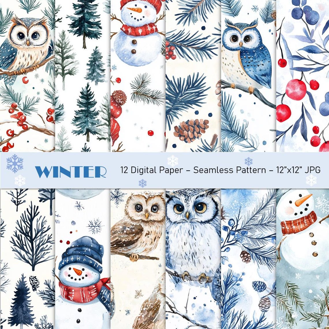 Watercolor Winter Digital Paper: Owl & Snowman Seamless Patterns ...