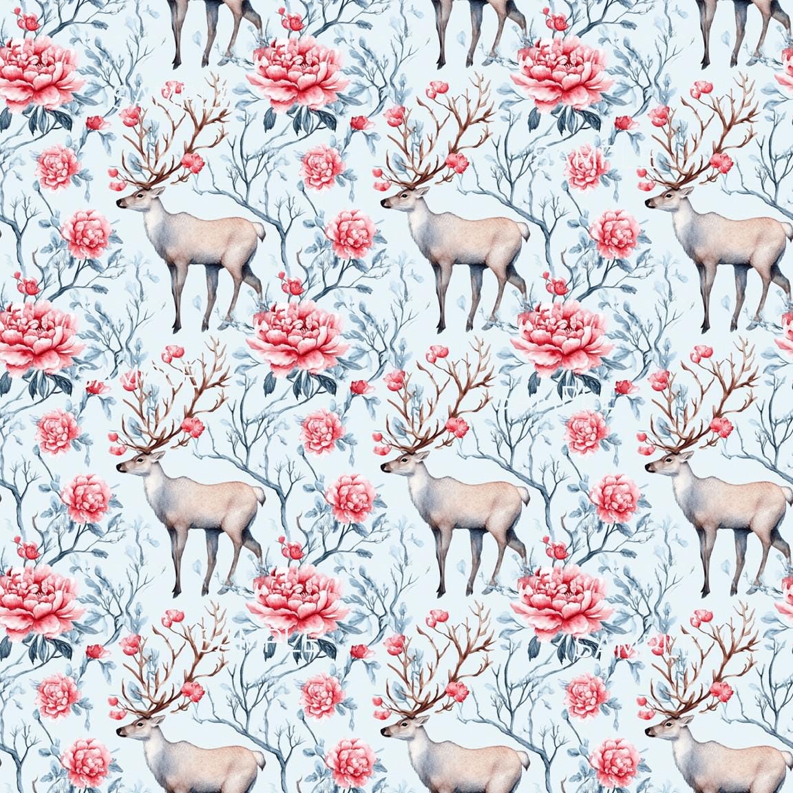 Reindeer in Winter Flower Garden Digital Paper | Seamless Floral, Deer ...