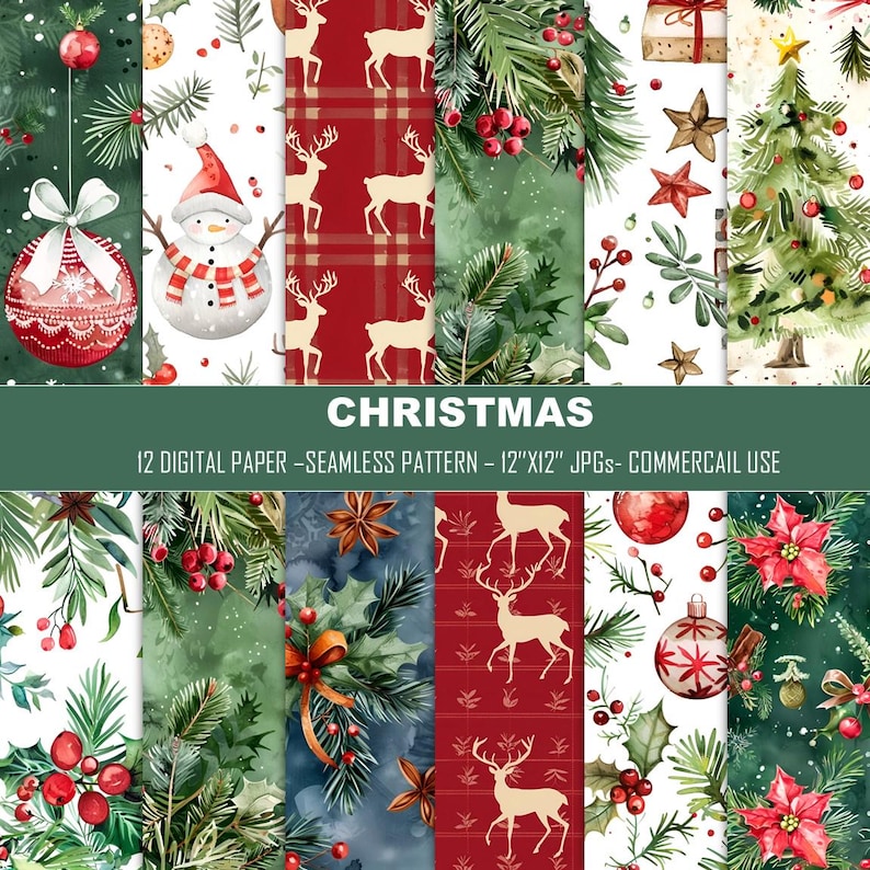 Christmas Digital Paper Pack: Watercolor Holiday Patterns (12x12 Jpgs ...