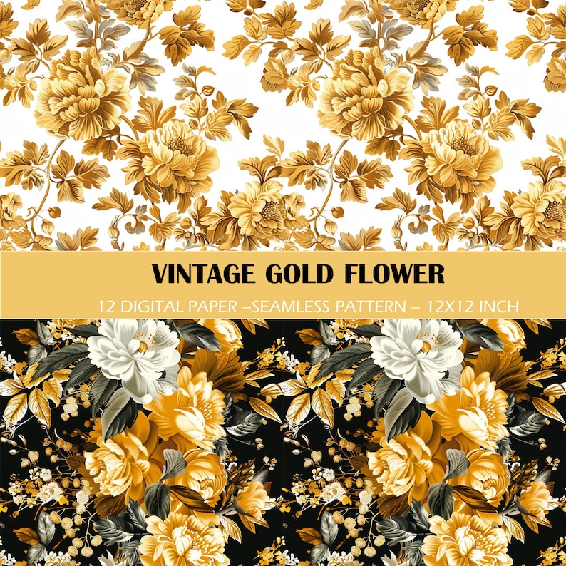 Vintage Gold Floral Digital Paper Pack: Seamless Watercolor Patterns ...