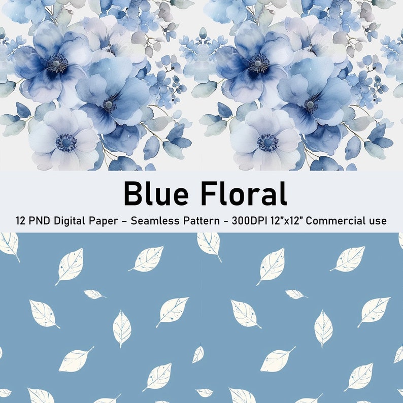 Blue Floral Watercolor Digital Paper: Seamless Pattern (12 Jpegs/12 PNG ...
