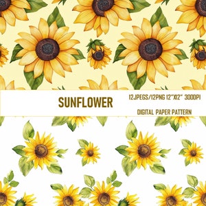 SUNFLOWER DIGITAL PAPER- Sunflower Seamless -floral Watercolor- Yellow ...