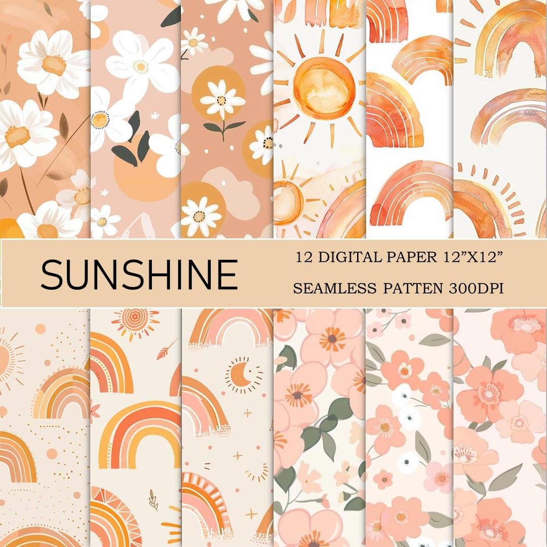 Sunshine Digital Paper: Boho Rainbow Seamless Pattern (digital Download ...
