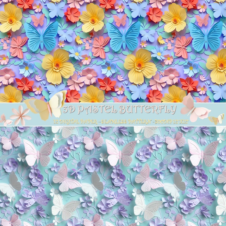 Digital Paper Pack: 3D Pastel Butterfly Seamless Patterns Instant ...