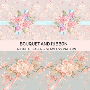 Bouquet and Ribbon- Digital Paper - Seamless Floral Patterns - Blush ...