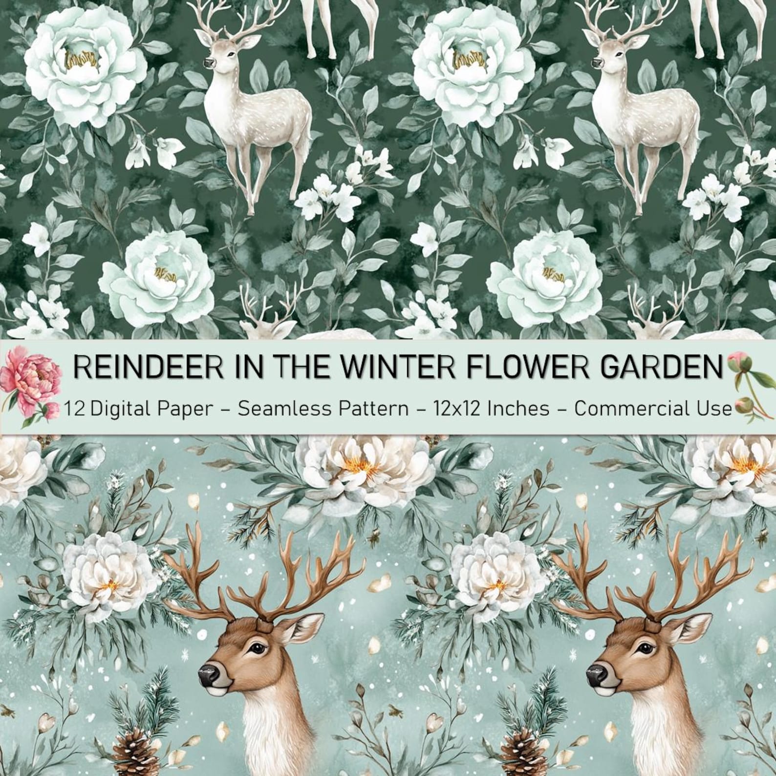 Reindeer in Winter Flower Garden Digital Paper | Seamless Floral, Deer ...
