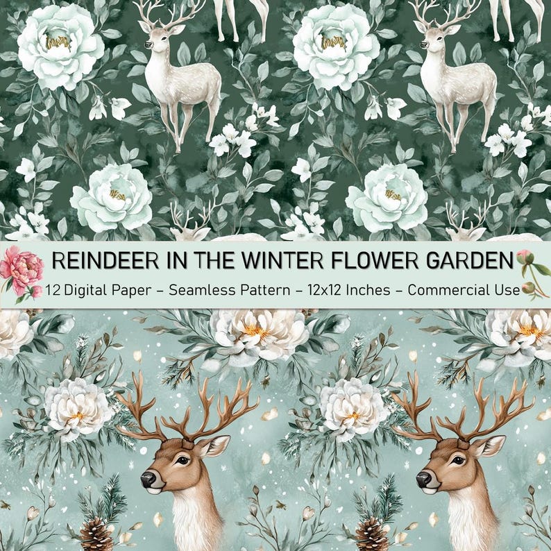 Reindeer in Winter Flower Garden Digital Paper | Seamless Floral, Deer ...