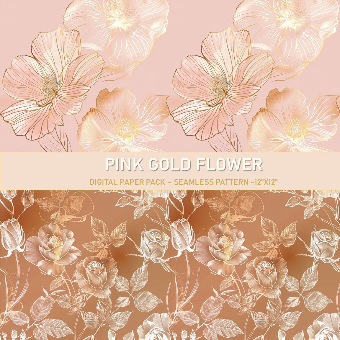 Pink Gold Flower Digital Paper: Seamless Floral Patterns (12x12in) - Etsy