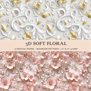 3D Floral Digital Paper Pack: Soft Tone Seamless Patterns (12x12 Inch ...
