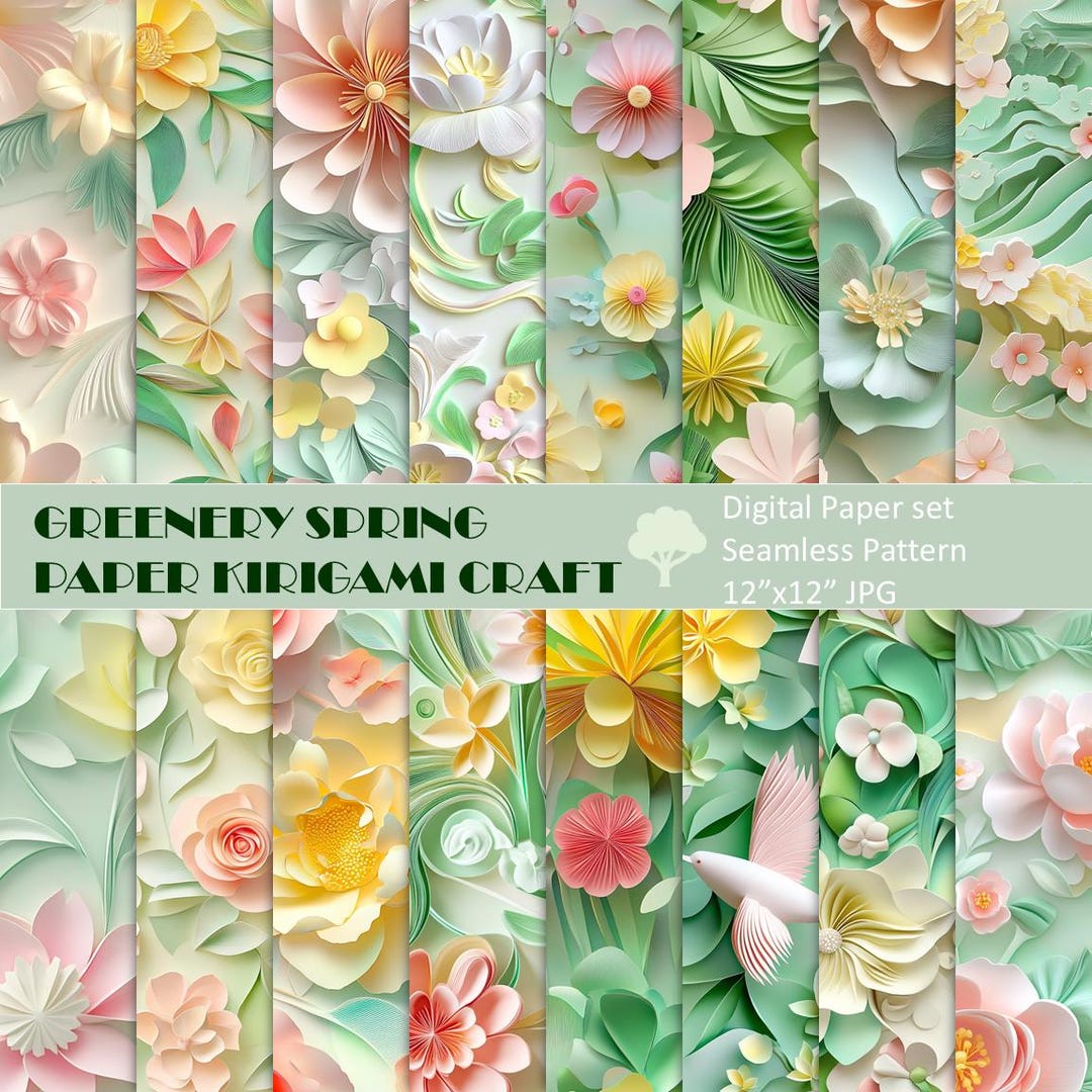 Green Spring Kirigami Digital Paper | 3D Floral Seamless Pattern ...