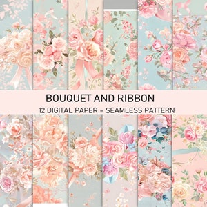 Bouquet and Ribbon- Digital Paper - Seamless Floral Patterns - Blush ...