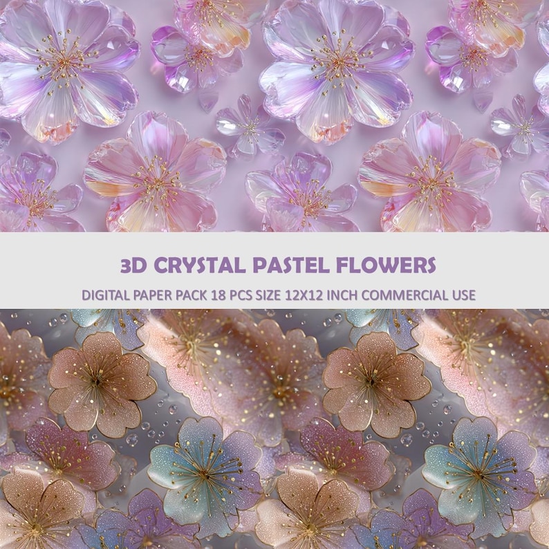 3D Crystal Pastel Flowers Digital Paper: Seamless Floral Pattern ...