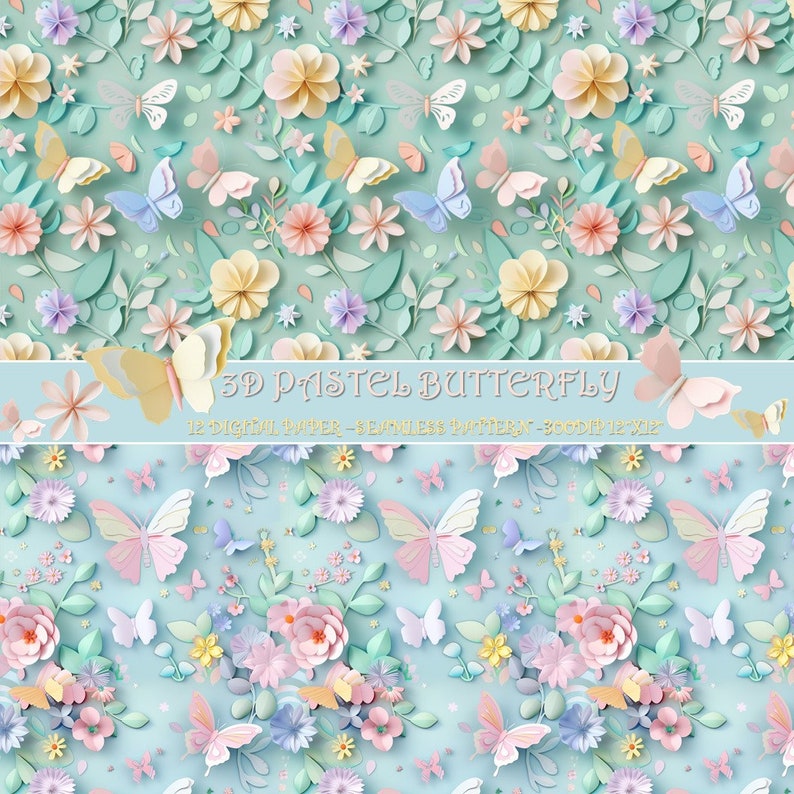 Digital Paper Pack: 3D Pastel Butterfly Seamless Patterns Instant ...