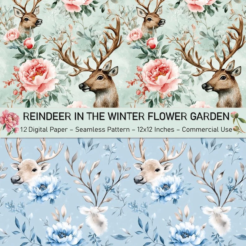 Reindeer in Winter Flower Garden Digital Paper | Seamless Floral, Deer ...