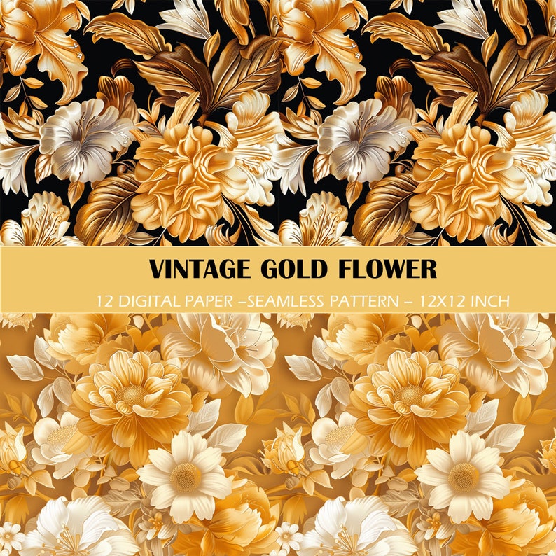 Vintage Gold Floral Digital Paper Pack: Seamless Watercolor Patterns ...