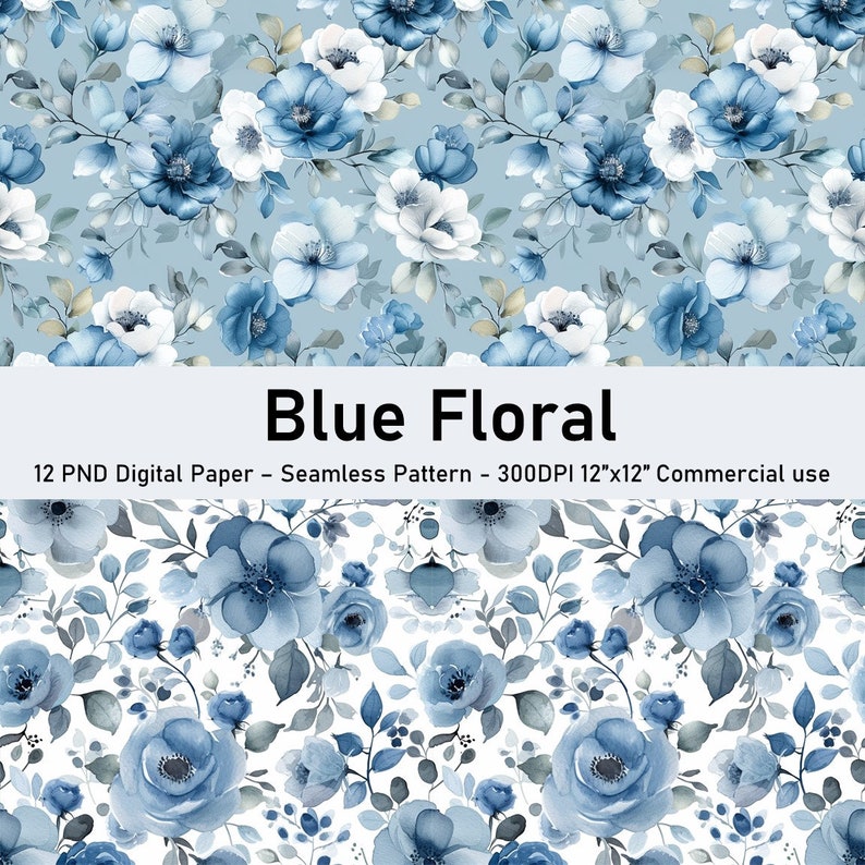 Blue Floral Digital Paper Digital Paper Pack 12 Jpegs/12png Instant ...