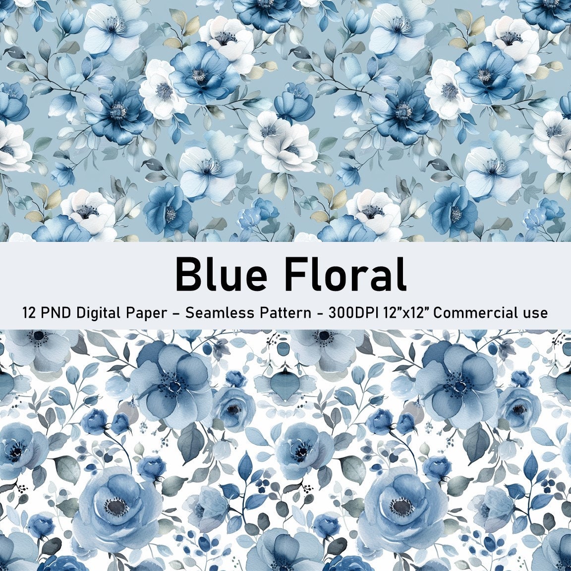 Blue Floral Digital Paper Digital Paper Pack 12 Jpegs/12png Instant ...