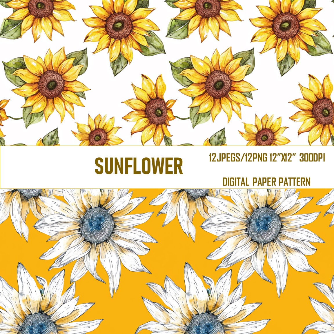 SUNFLOWER DIGITAL PAPER Sunflower Seamless floral Watercolor Yellow ...