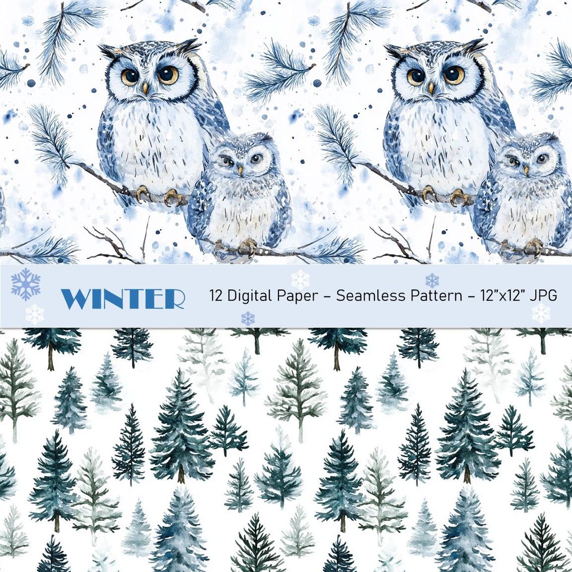 Watercolor Winter Digital Paper: Owl & Snowman Seamless Patterns ...