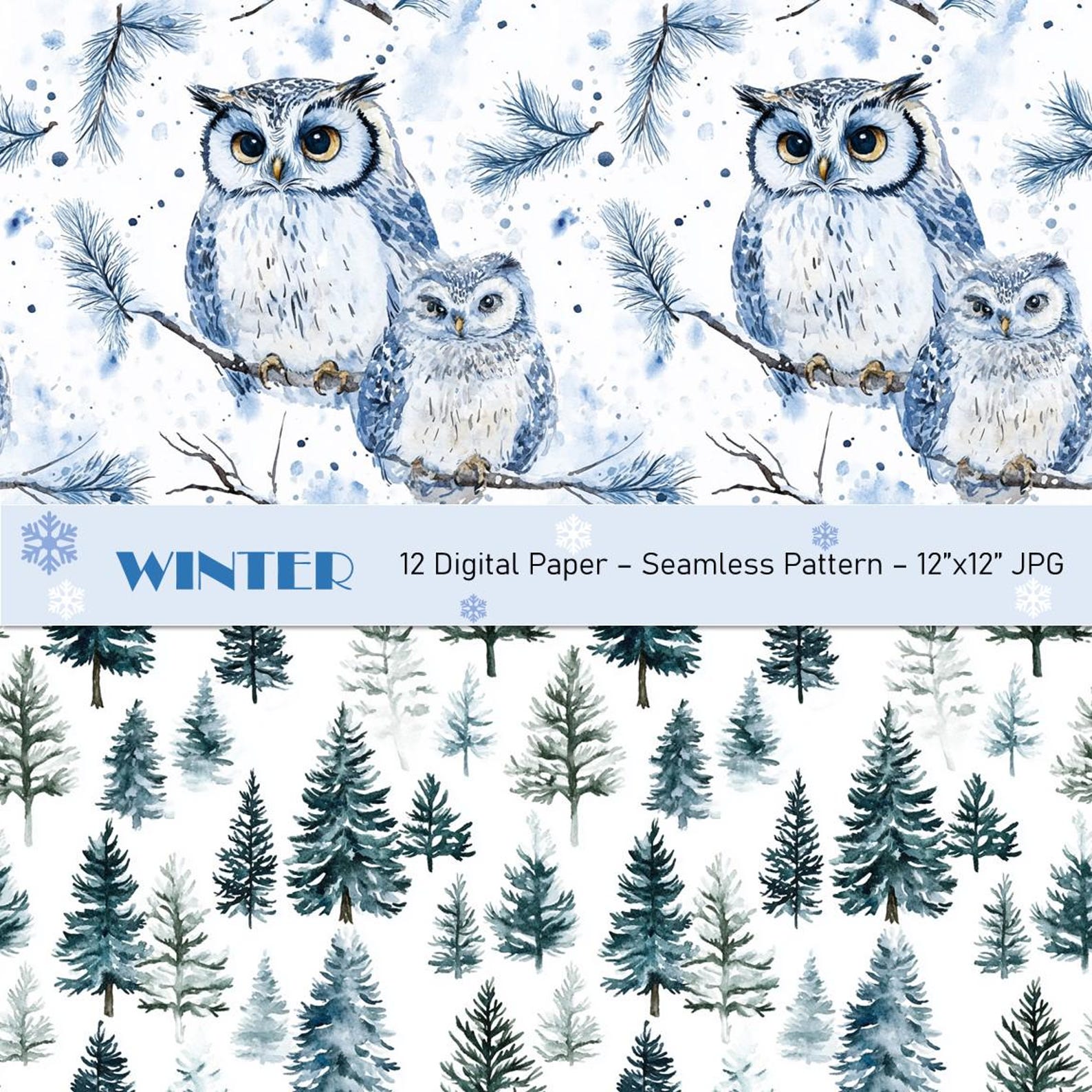 Watercolor Winter Digital Paper: Owl & Snowman Seamless Patterns ...