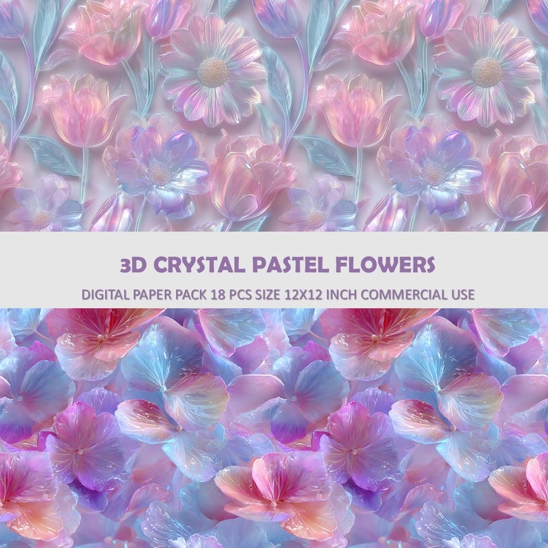 3D Crystal Pastel Flowers Digital Paper: Seamless Floral Pattern ...