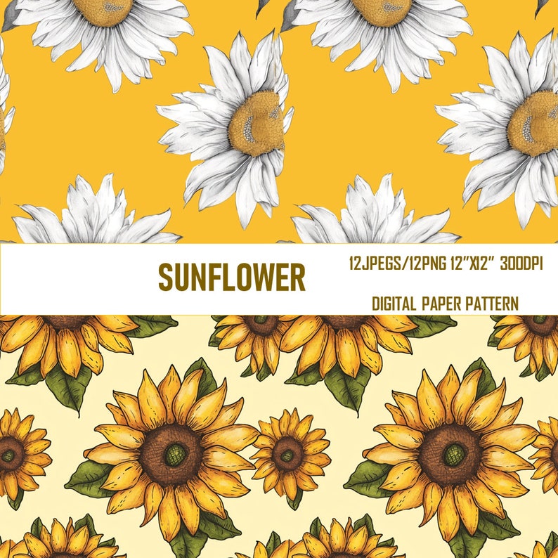 SUNFLOWER DIGITAL PAPER- Sunflower Seamless -floral Watercolor- Yellow ...