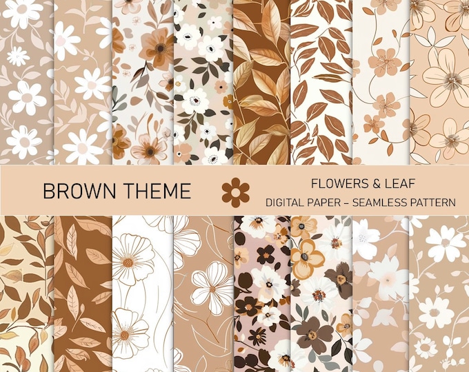 Brown Theme Seamless Pattern Digital Paper Pack Floral & Leaf Designs ...