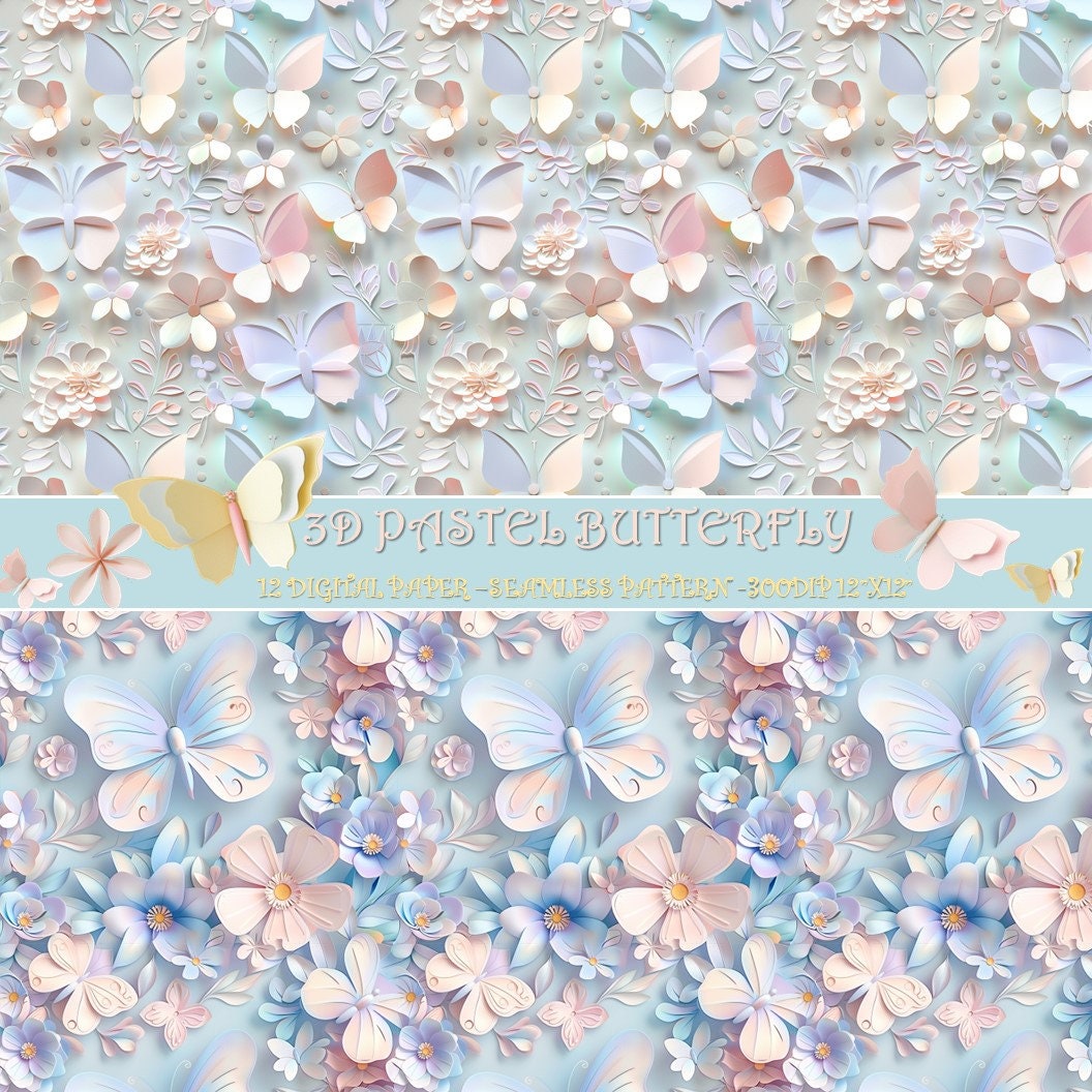 Digital Paper Pack: 3D Pastel Butterfly Seamless Patterns Instant ...