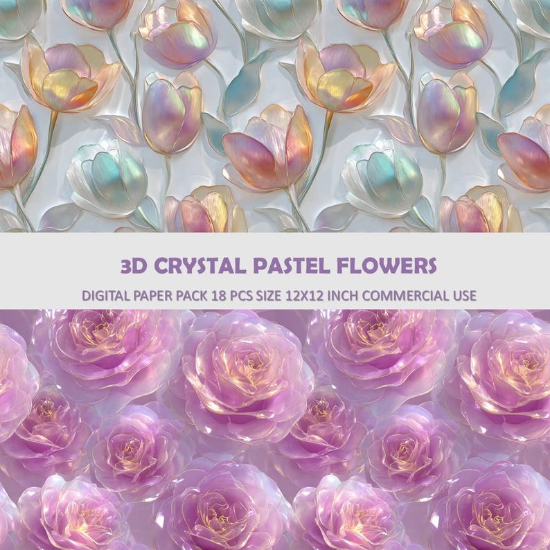 3D Crystal Pastel Flowers Digital Paper: Seamless Floral Pattern ...