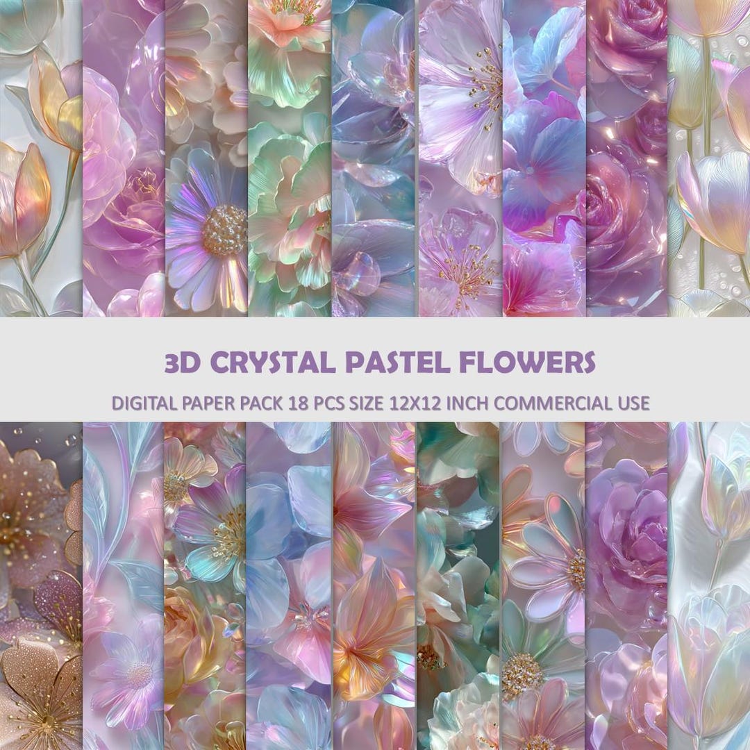 3D Crystal Pastel Flowers Digital Paper: Seamless Floral Pattern ...