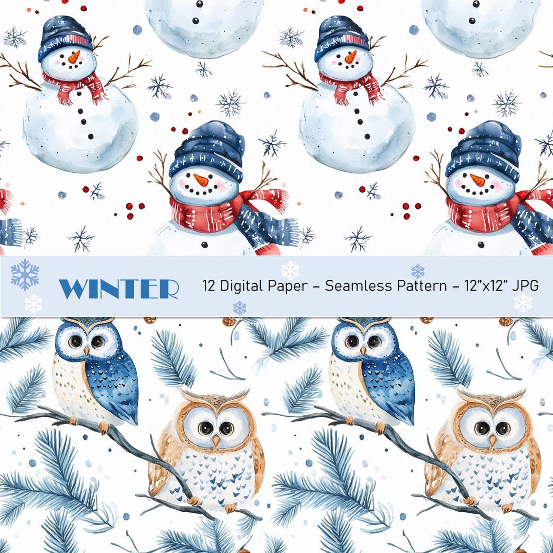 Watercolor Winter Digital Paper: Owl & Snowman Seamless Patterns ...