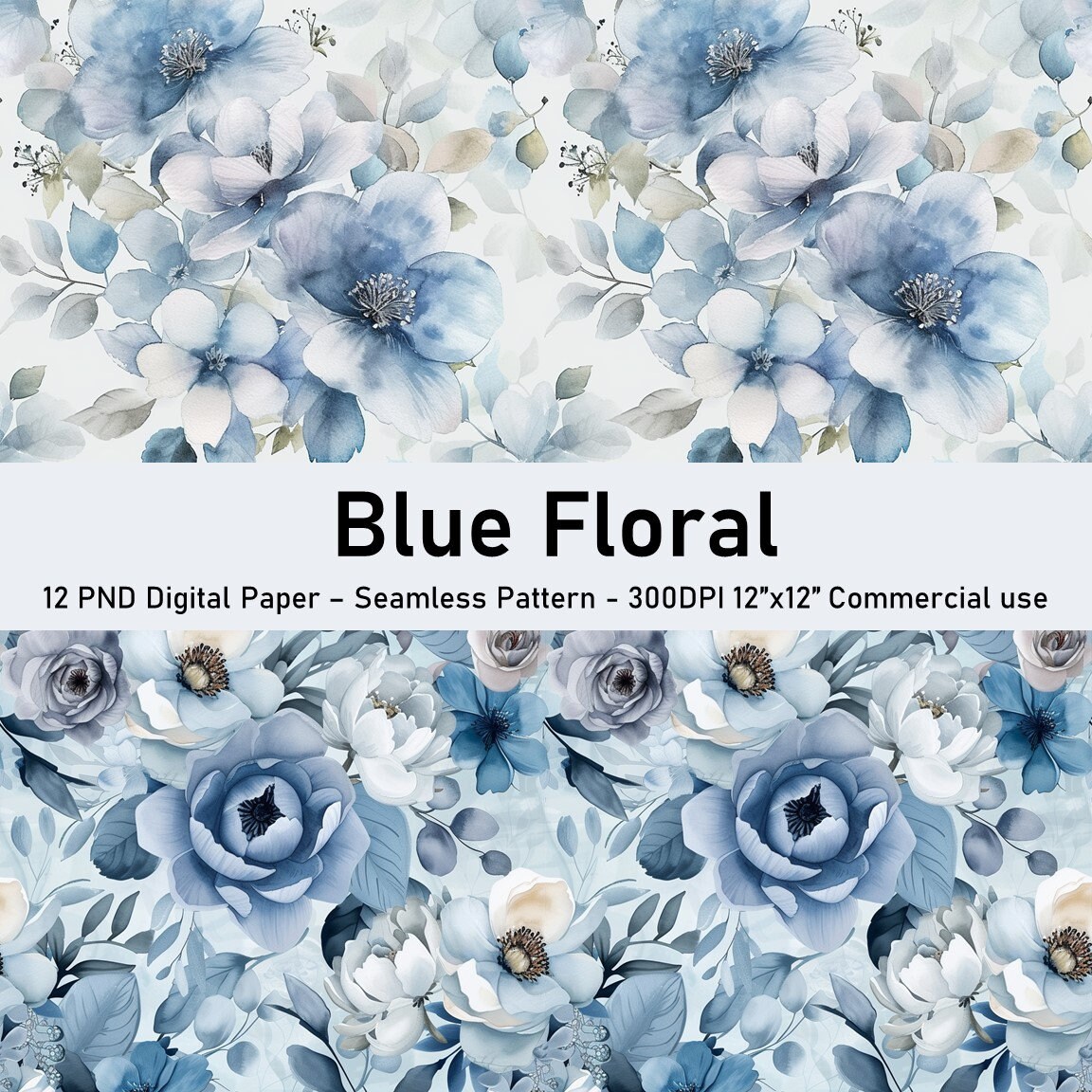 Blue Floral Digital Paper Digital Paper Pack 12 Jpegs/12png Instant ...