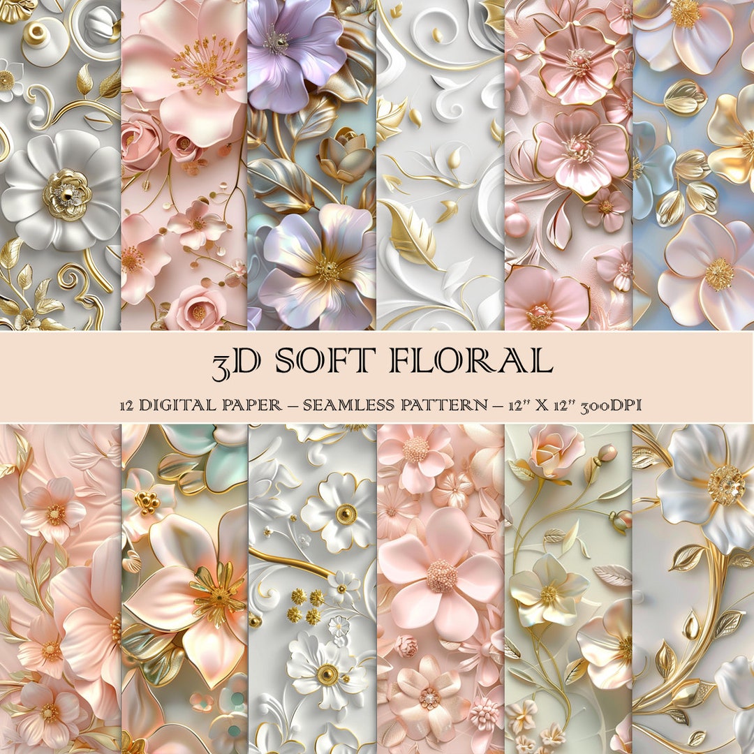 3D Floral Digital Paper Pack: Soft Tone Seamless Patterns (12x12 Inch ...